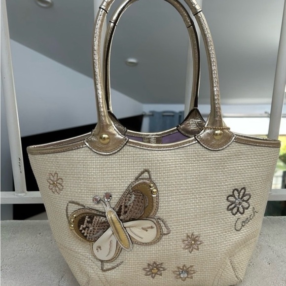 Coach | Bags | Coach Beige And Gold Floral Butterfly Tote | Poshmark